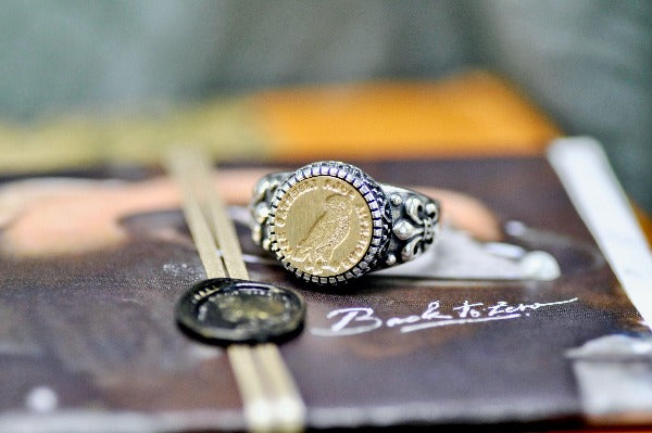 Owl Latin Motto 925 Silver Men Signet Ring Intaglio Wax Seal Fleur De ...