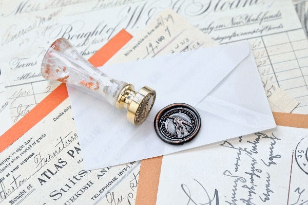 Hand Holding Leather Pen Latin Motto Antique Style Wax Seal Stamp ...